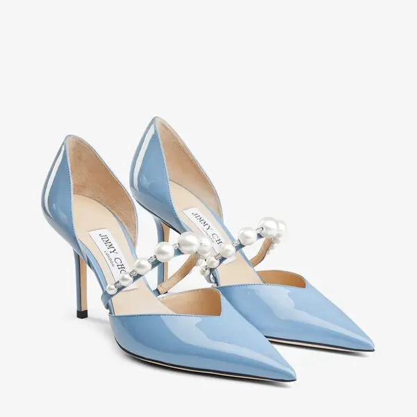 Jimmy Choo Aurelie 85 Smoky Blue Patent Leather Pointed Pumps With